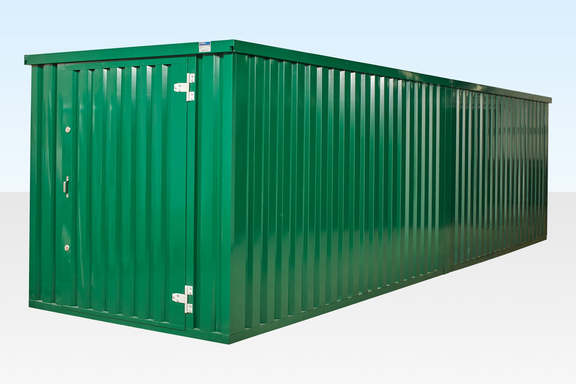 8m x 2.1m Flat Packed Stores Linked End on End (Powder Coated Green)